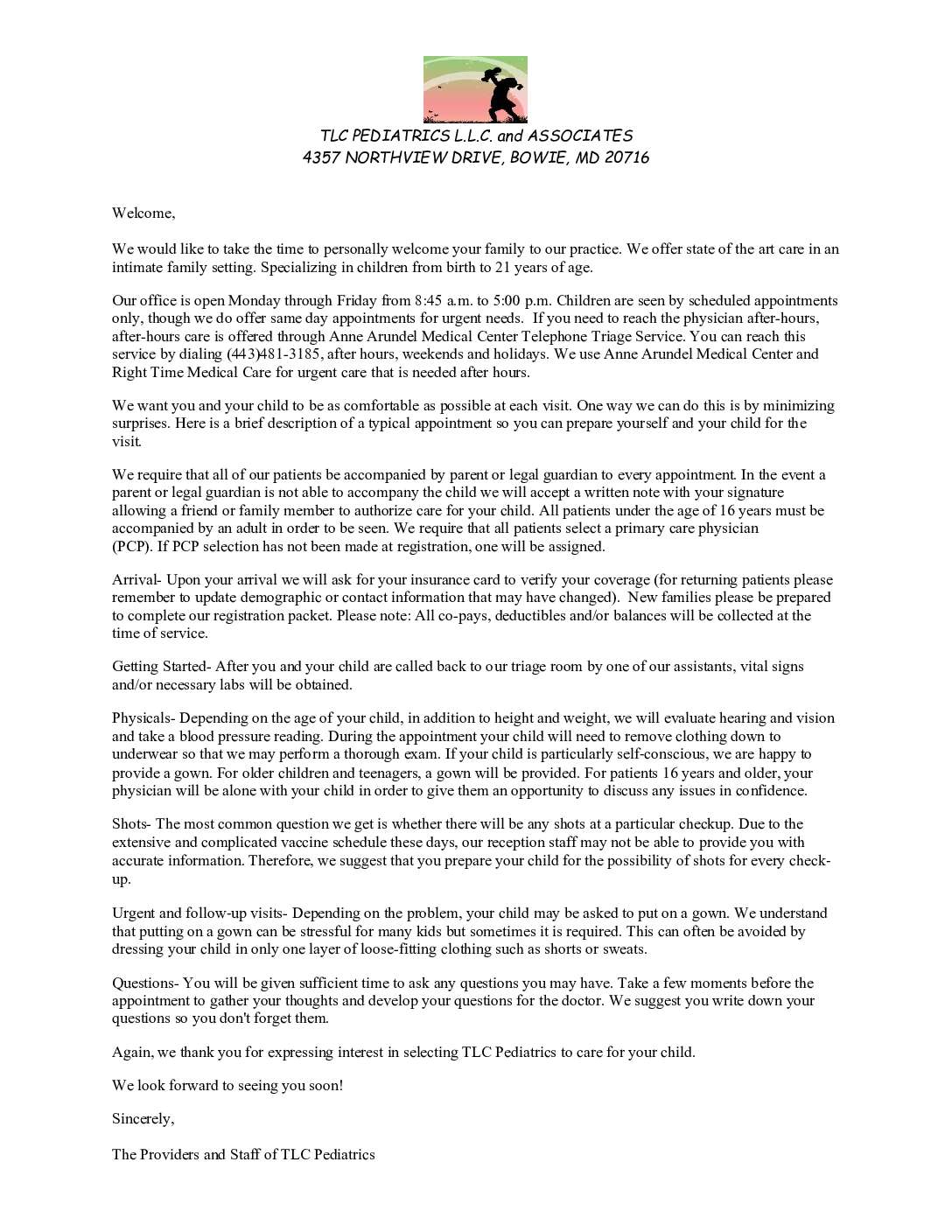 Welcome Letter | TLC Pediatrics